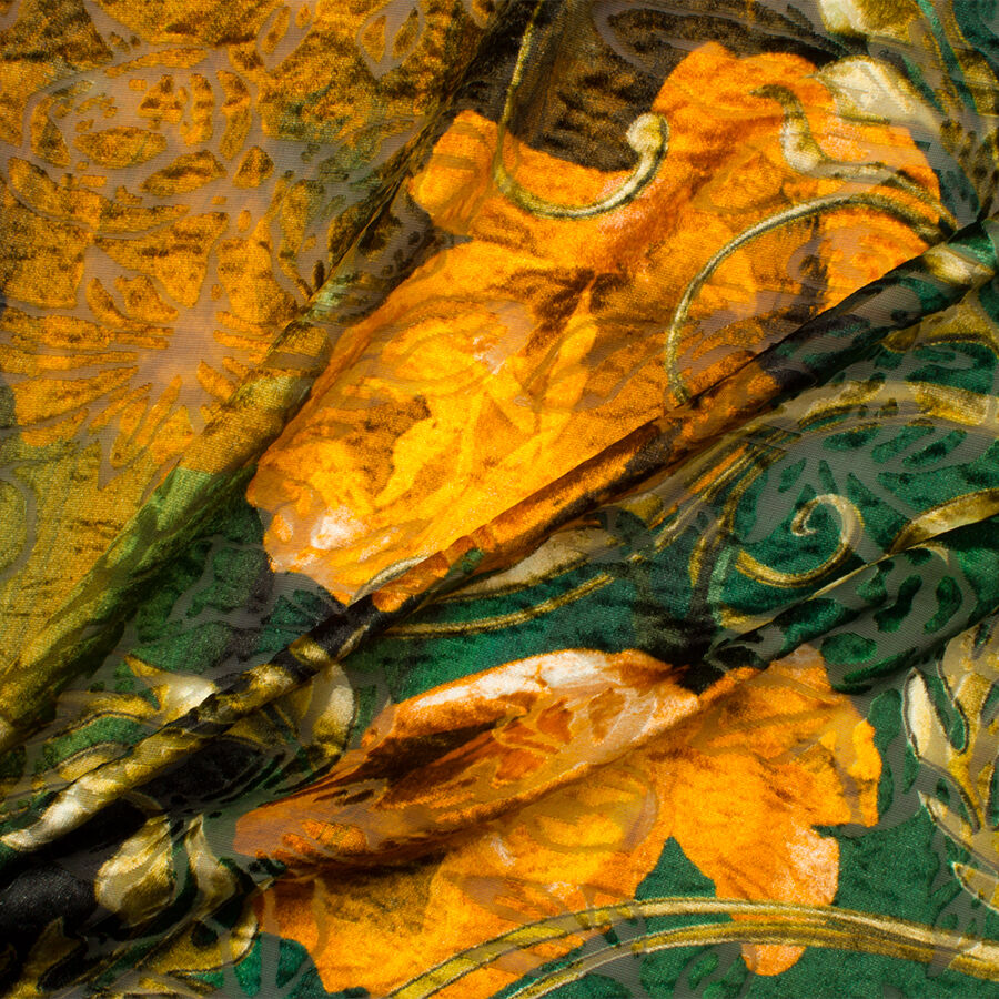 Green & Yellow Floral Devoré Velvet | Burnout Fabric
