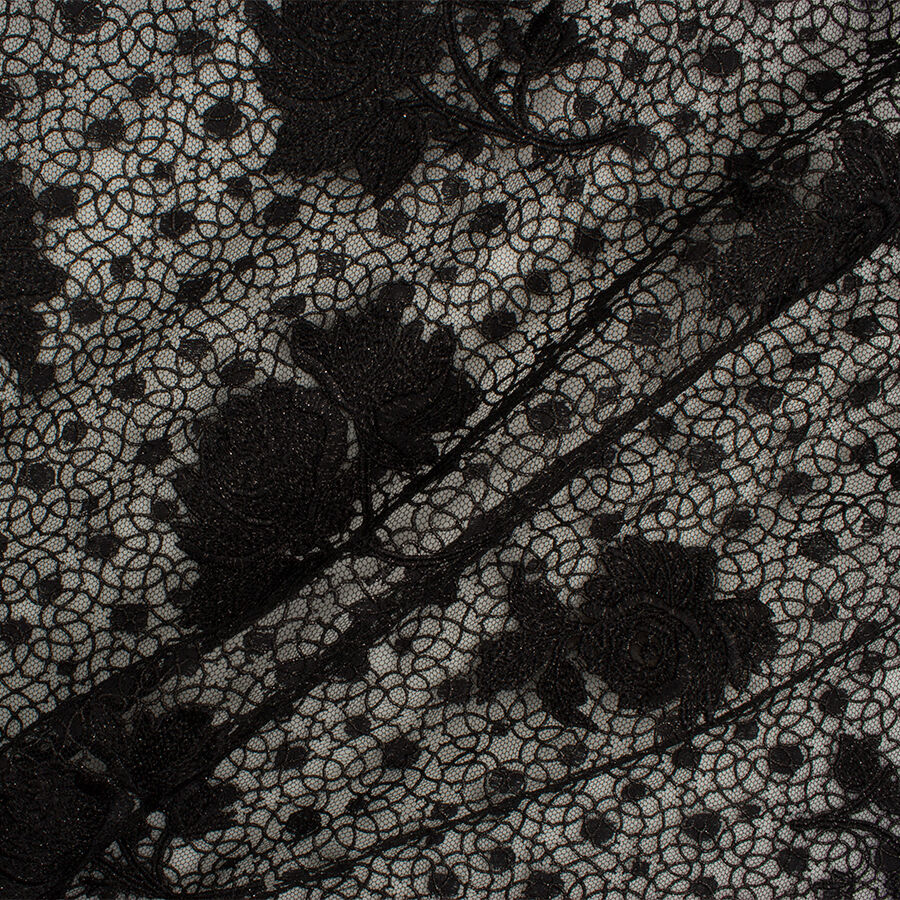 Black Floral Embroidered Tulle | Luminous Cloth