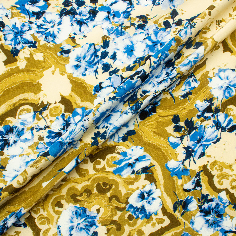 Khaki Green & Blue Floral Silk | Weave Material