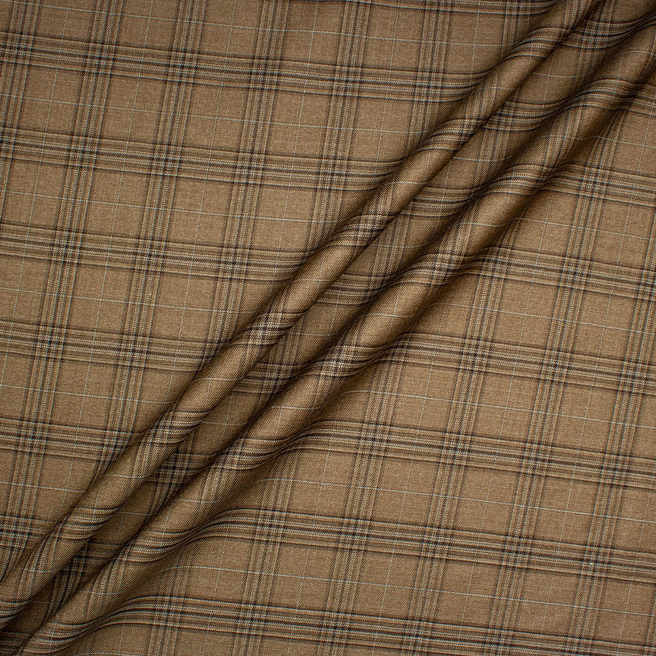 Mid Brown Checkered Blend Suiting | Cashmere & Silk Fabric