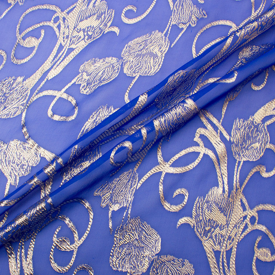 Gold Floral Metallic Electric Blue Silk Chiffon |Jacquard Fabric