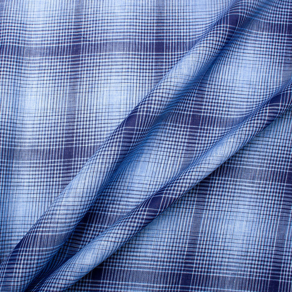 Blue Graduated Check Fabric | Superfine Pure Linen
