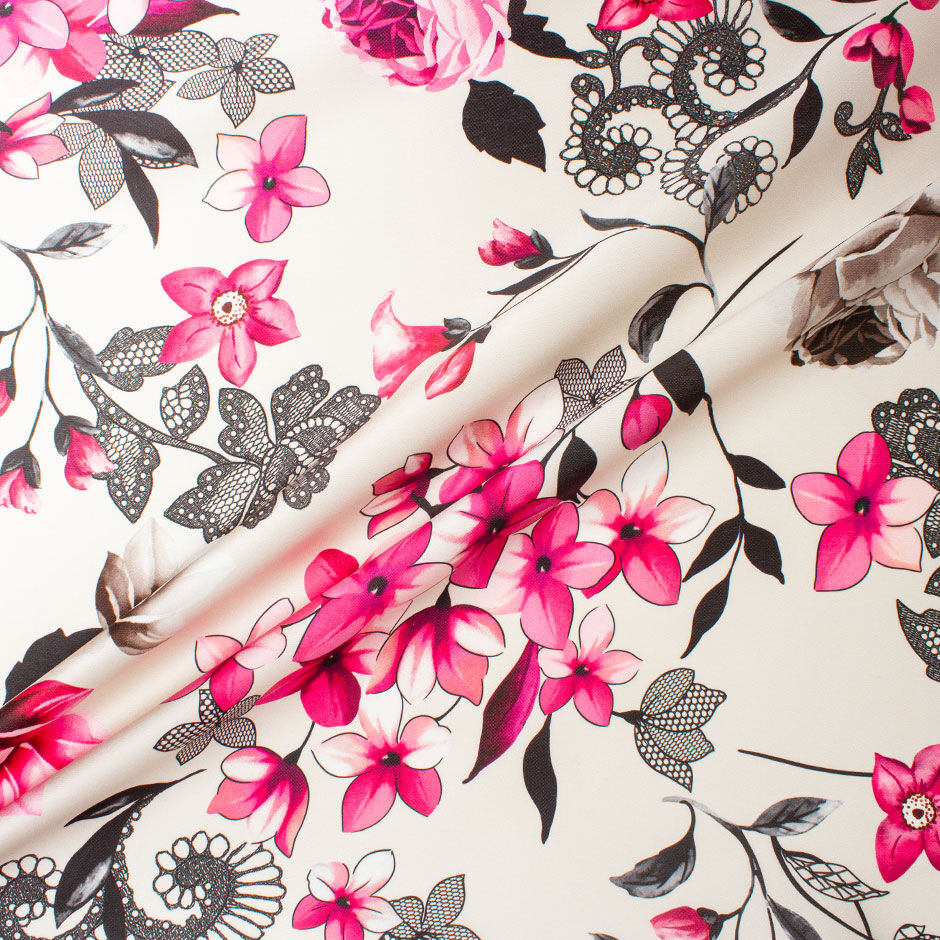 Pink Floral Taupe Silk Blend Mikado | Mikado Fabric