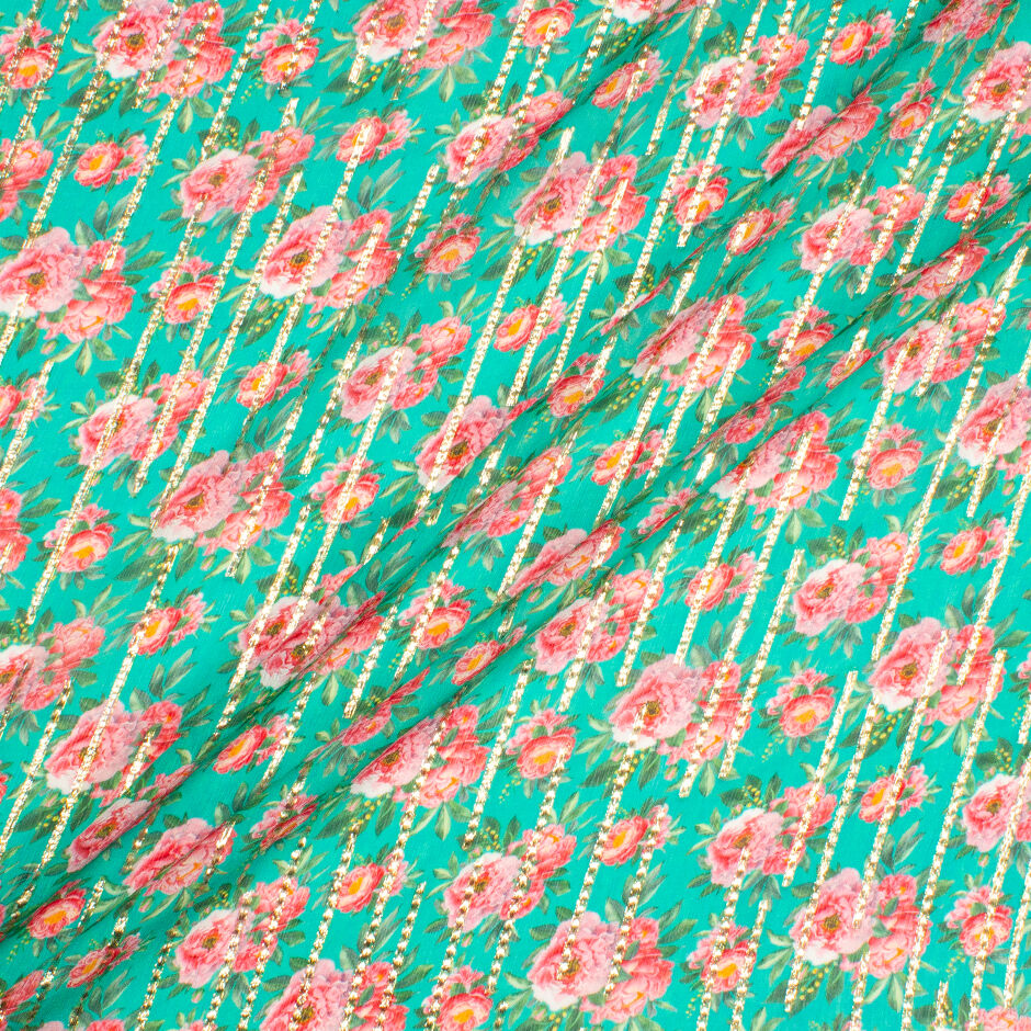 Pink Floral Printed Green Fabric | Metallic Silk Georgette