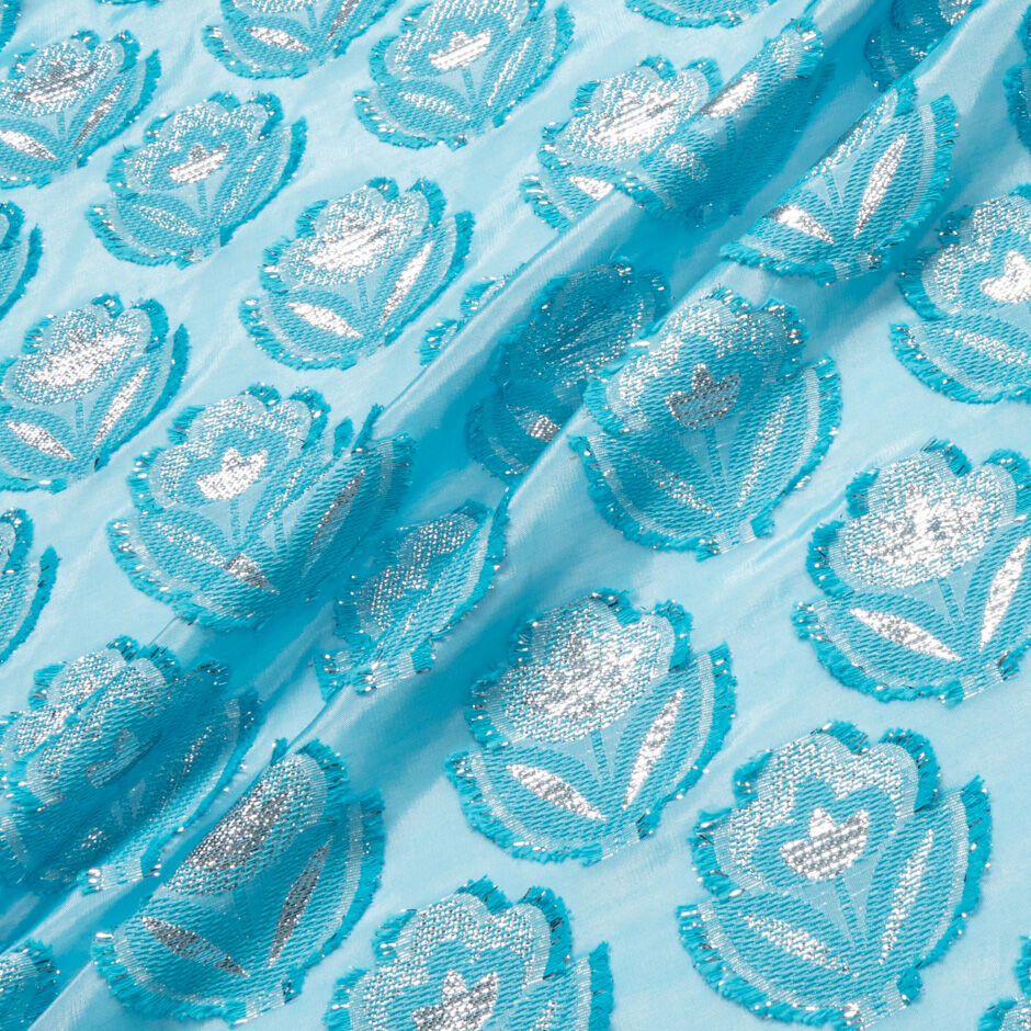 Silver Metallic Floral Jacquard | Turquoise Organza