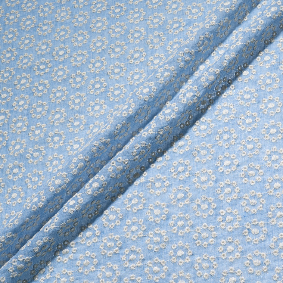 Ivory Floral Embroidered Sky Blue Linen | Shop Luxury Linen