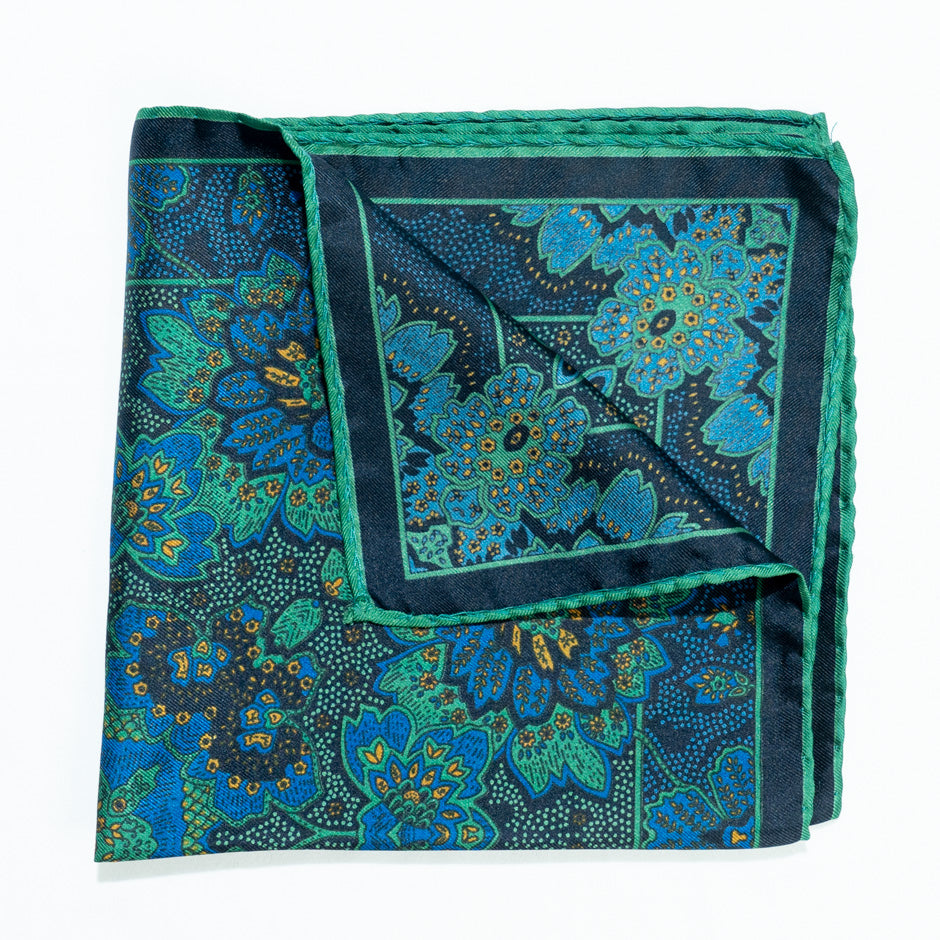 Green & Blue Floral Pure Silk | Pocket Handkerchief
