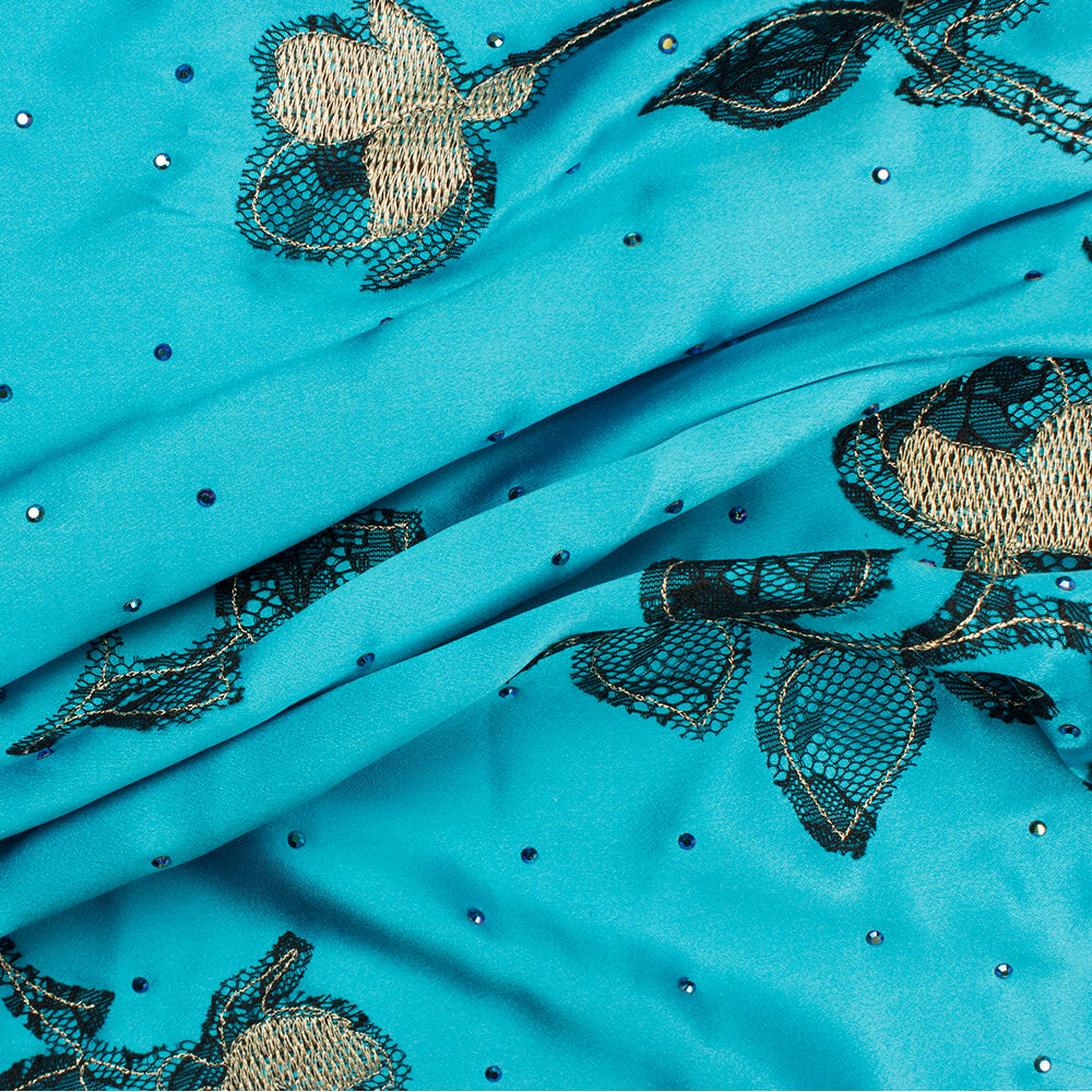 Turquoise Floral Embroidered Silk | Satin Fabric